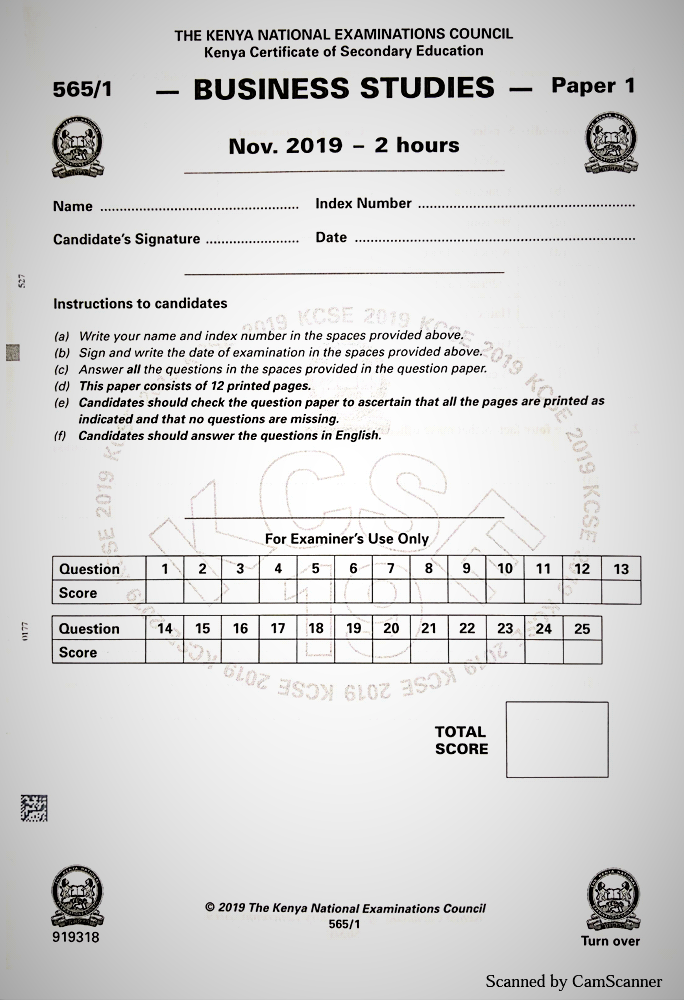 KNEC KCSE 2019 Business Studies Paper 1 Past Paper Muthurwa