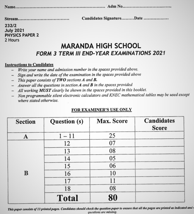 Maranda Physics PP2 Form 3 End Of Term 3 2021 Past Paper With Marking